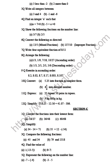 CBSE Class 6 Mathematics Integers Worksheet Set A